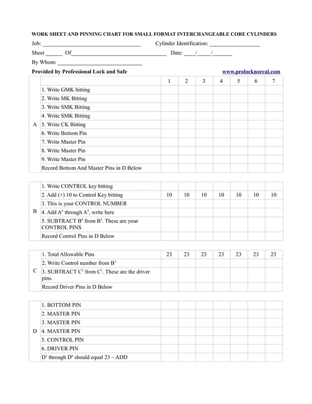 Small Format Interchangeable Core Cylinders Worksheet and Pinning Chart ...