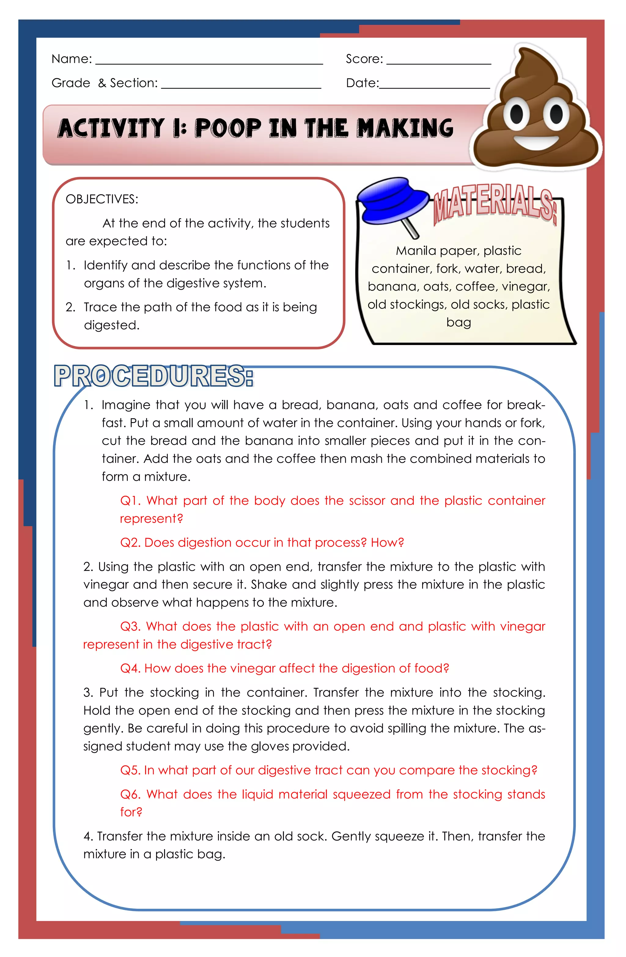 Digestive System Worksheet- Parts and Function, Digestion | PDF