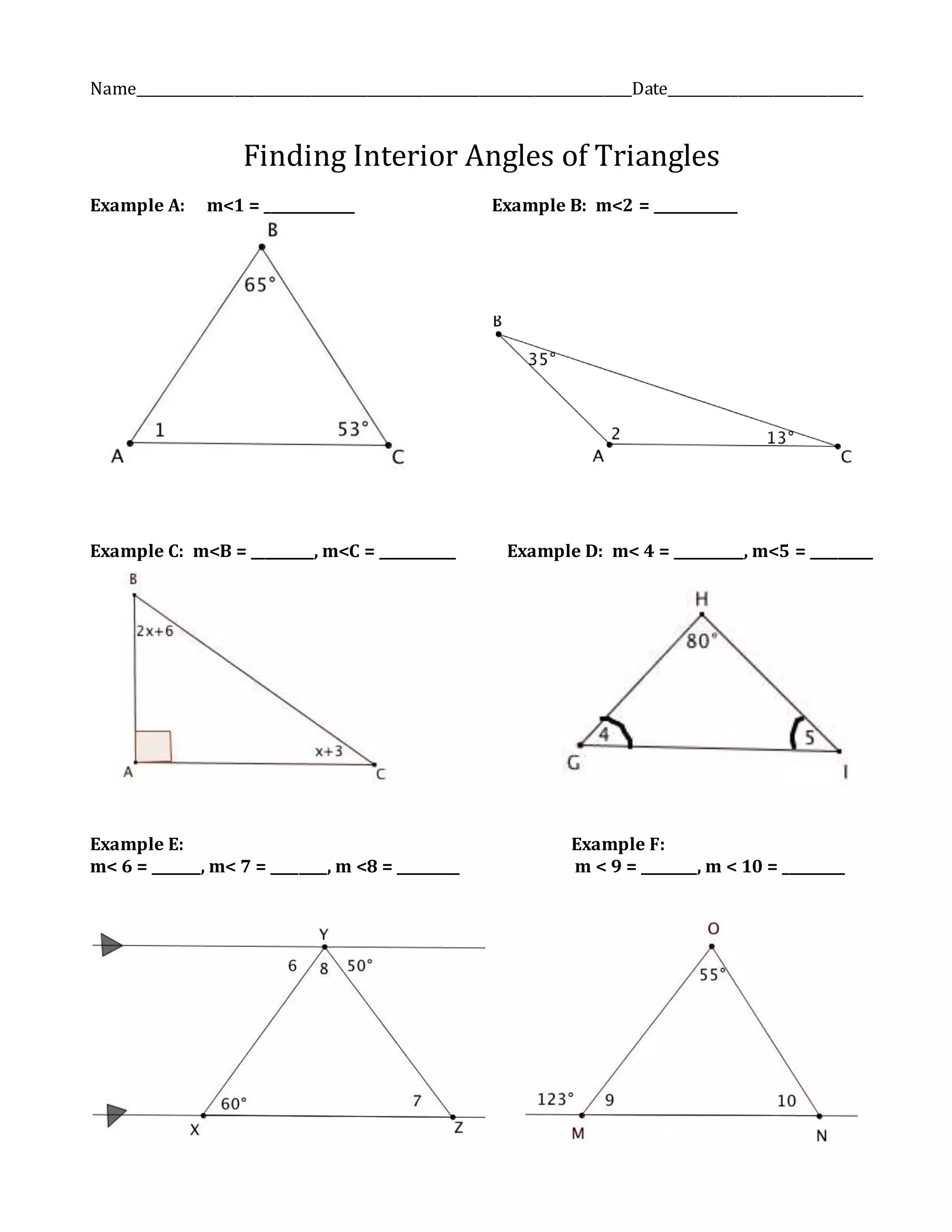 Worksheet finding interior angles of triangles | PDF