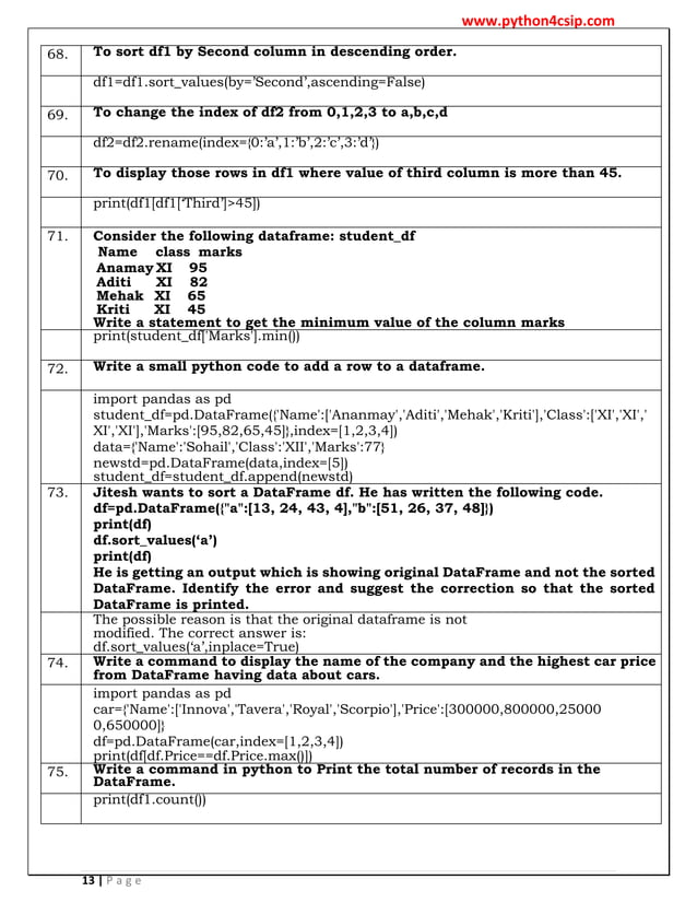 Worksheet - python Pandas numerical py pdf | PDF