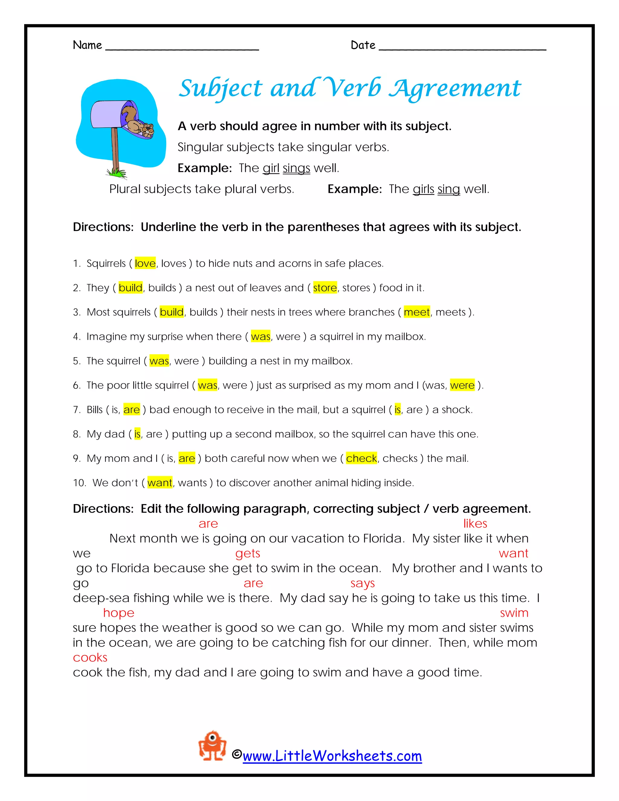 Worksheet subject verbagreement | PDF