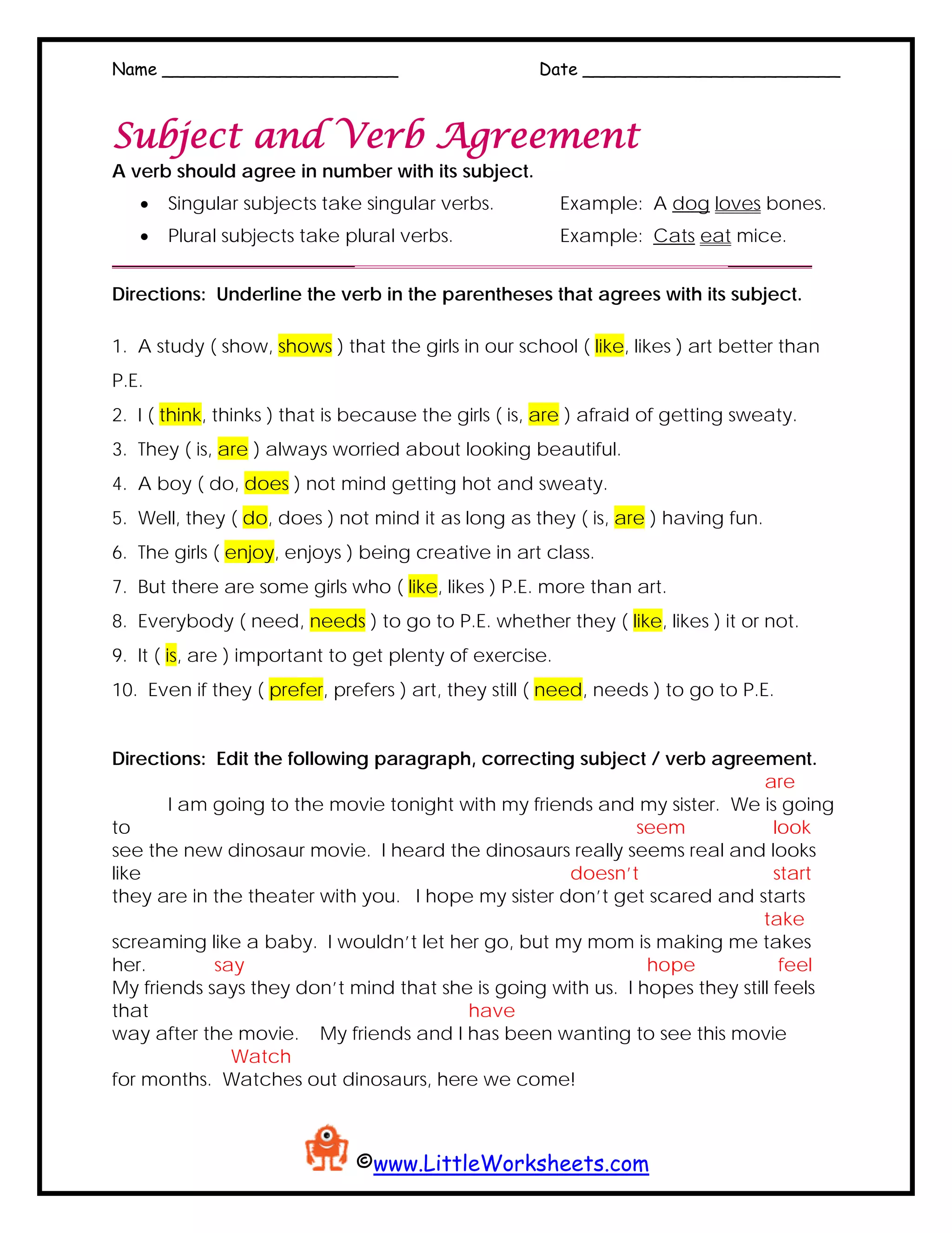 Worksheet subject verbagreement2 | PDF