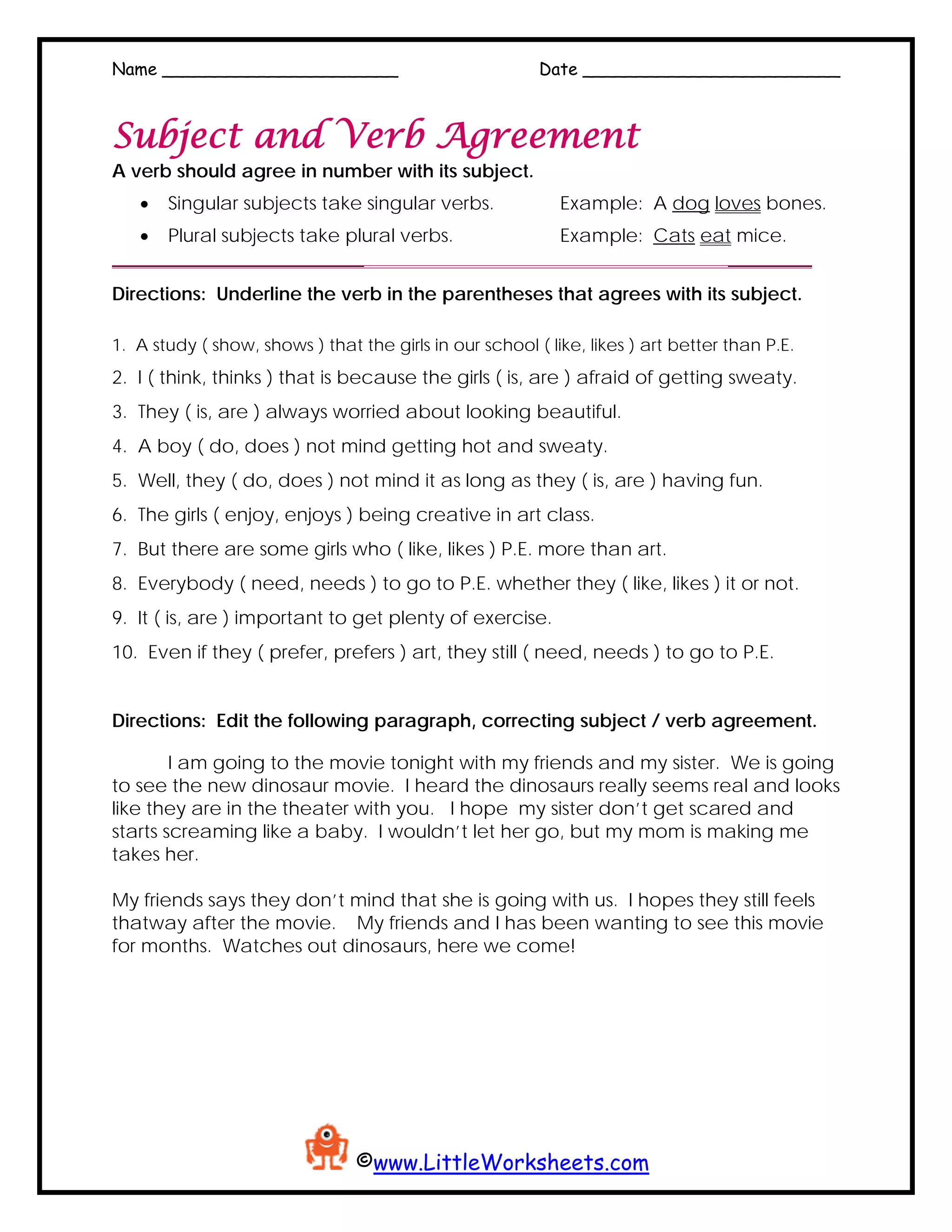 Worksheet subject verbagreement2 | PDF