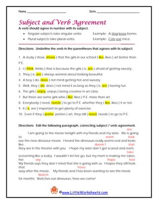 Worksheet subject verbagreement2 | PDF