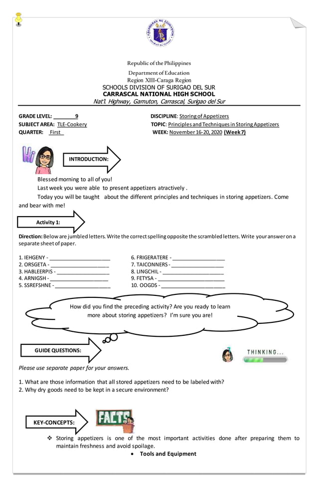 Worksheet tle 9 cookery-wek 7 | DOCX | Cooking | Food & Drink