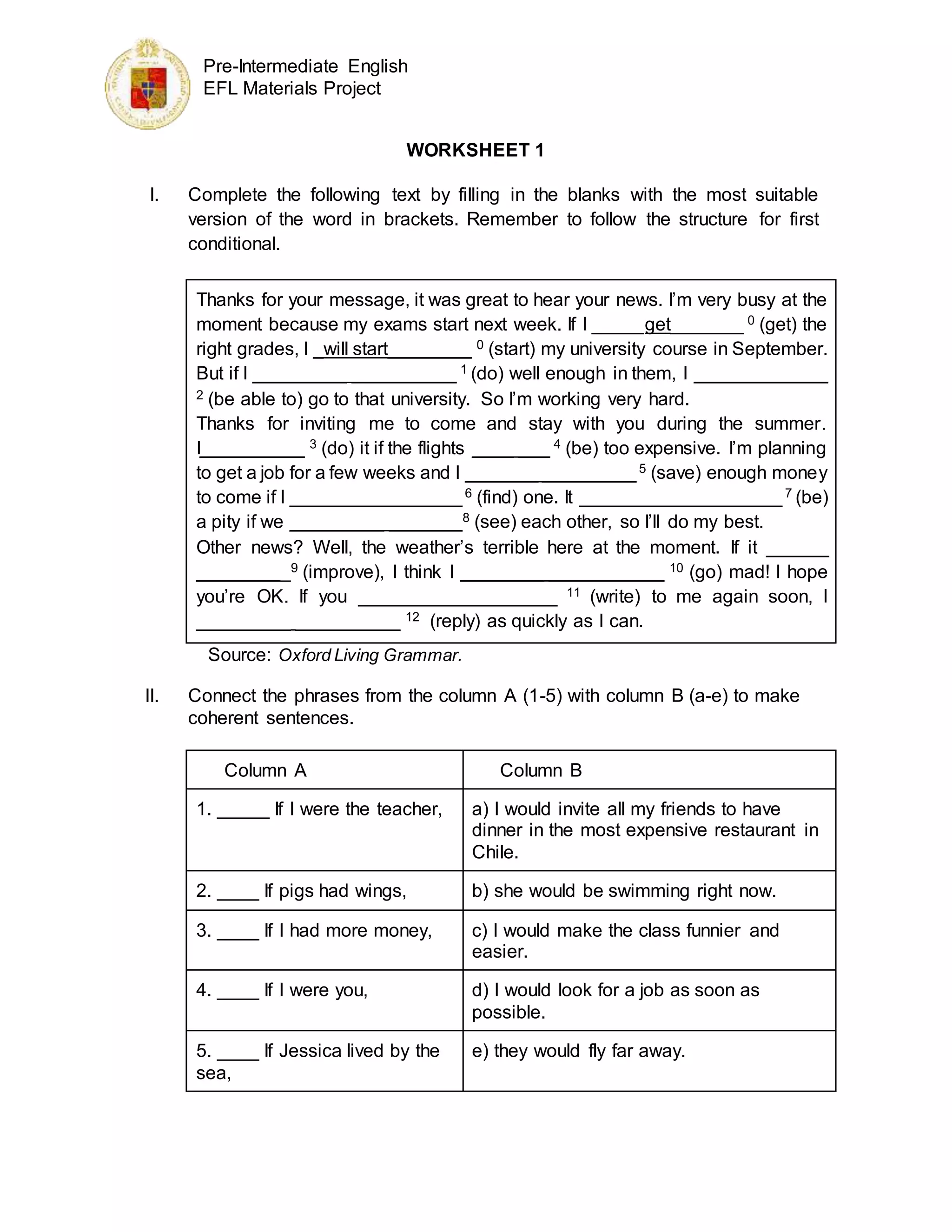 EFL Project - Worksheet 1 - Homework | DOCX