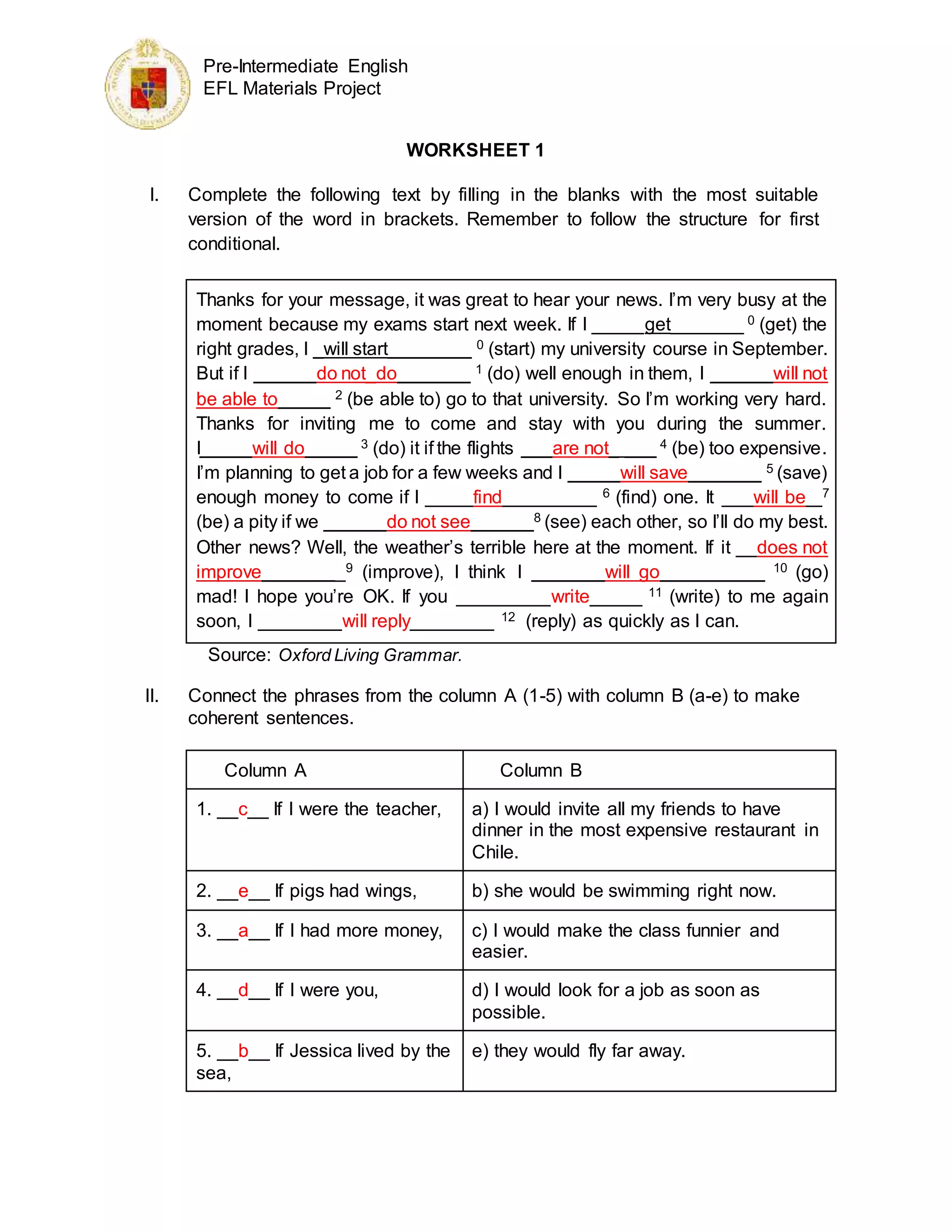 EFL Materials - Worksheet 1 - Answer Key | PDF