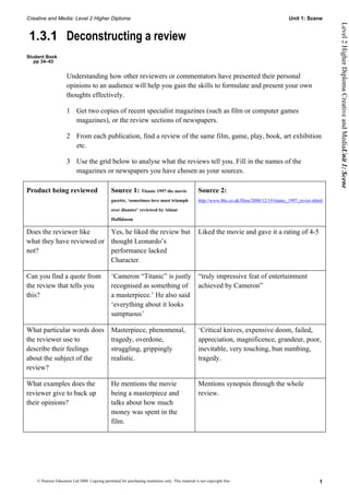 Worksheet 1.3.1 Deconstructing a review | PDF