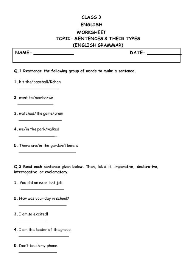 Class 3-English-Worksheet-Sentences and their Types (English Grammar)