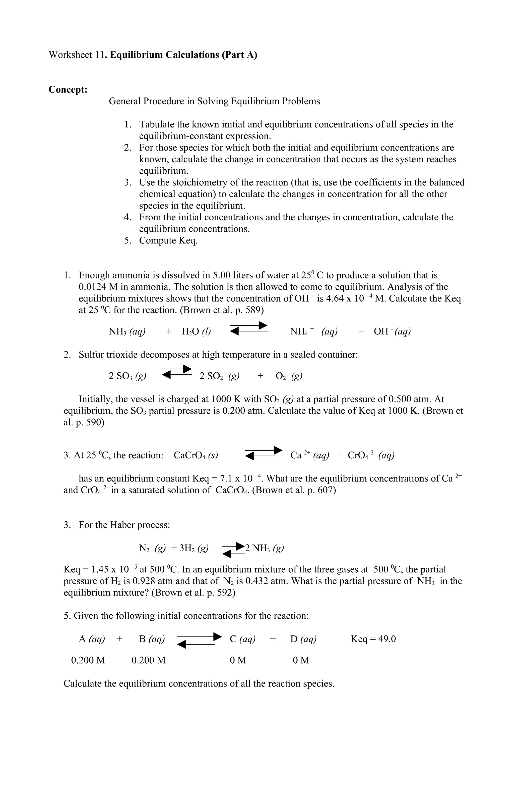 Worksheet 11 equilibrium calculations | PDF