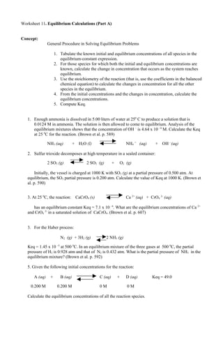 Worksheet 11 equilibrium calculations | DOC | Chemistry | Science