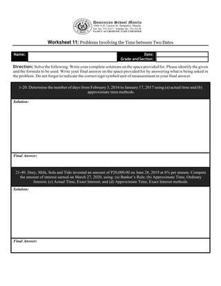 Worksheet 11 problems involving the time between two dates | PDF