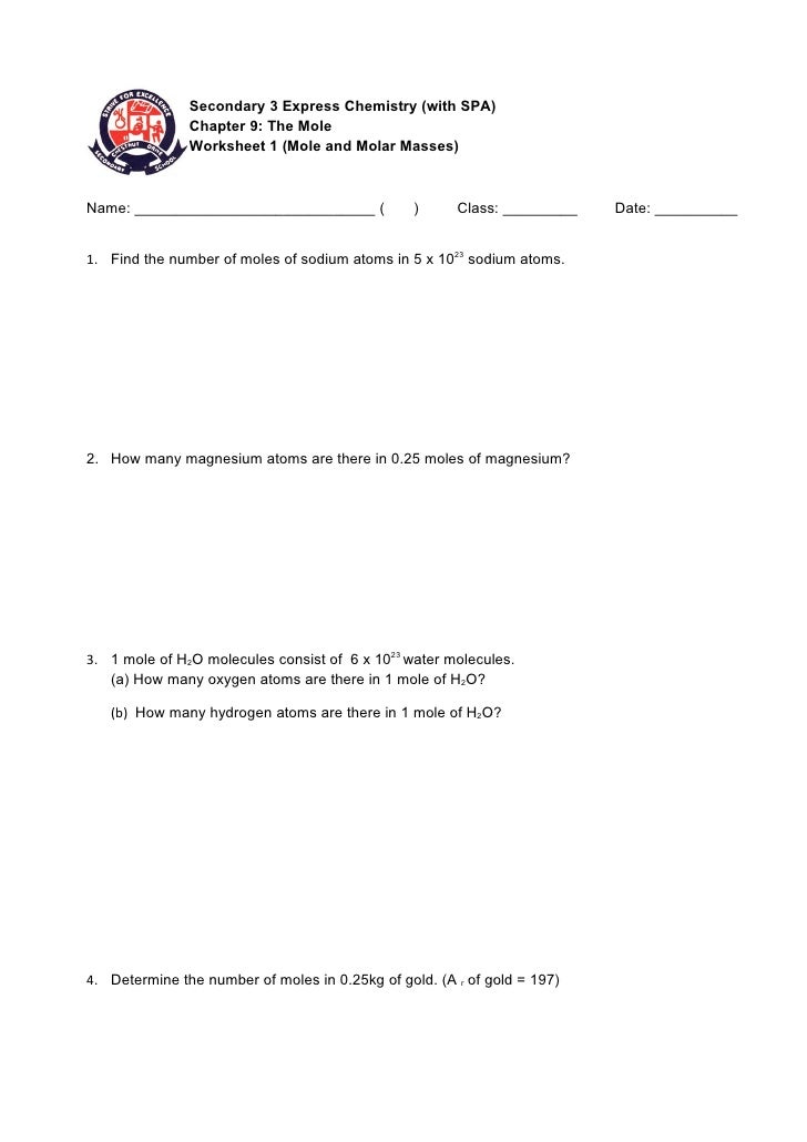 Worksheet 1 Mole And Molar Masses Worksheet 1 Mole And Molar Masses