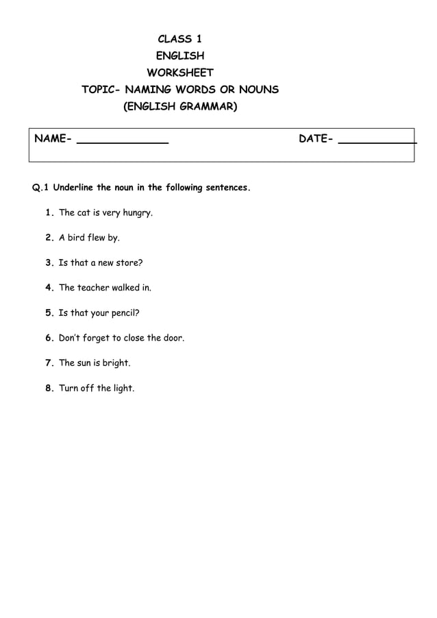Class 1-English-Worksheet-Naming Words or Nouns (English Grammar) | PDF