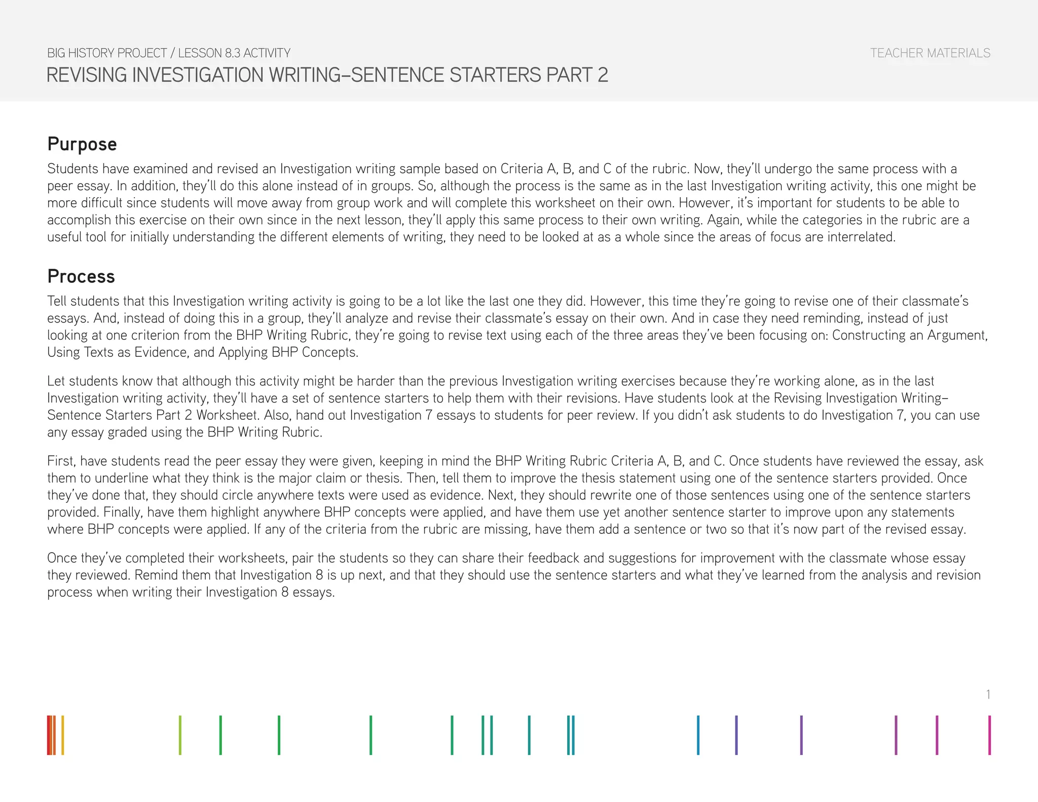 Lesson 8.3 Activity: Revising Investigation Writing - Sentence Starters ...