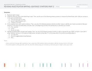 Lesson 8.3 Activity: Revising Investigation Writing - Sentence Starters ...