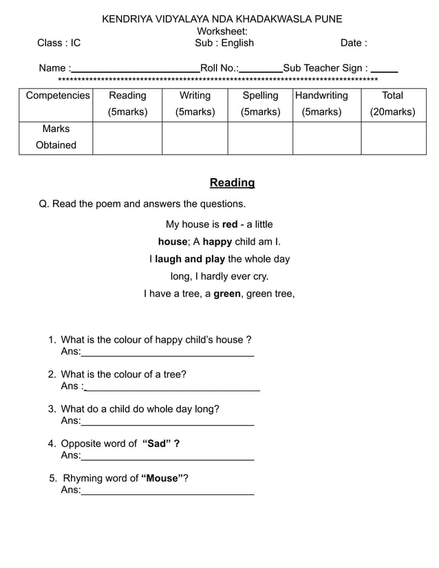 1 Worksheet Primary class kv ENGLIST , EVS | PDF | Homework and Study ...