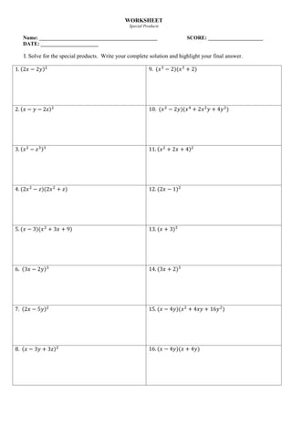 Worksheet on Special Products | PDF