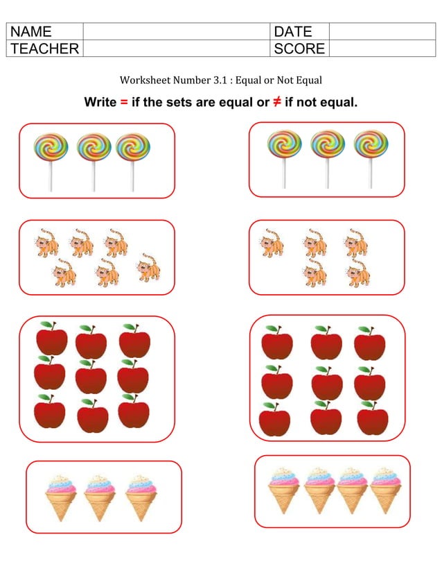 Equal Or Not Equal Worksheet PDF Equal Or Not Equal Worksheet PDF