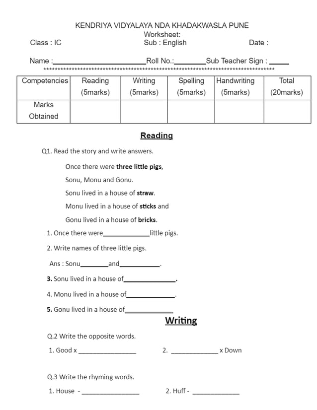 1 Worksheet Primary class kv ENGLIST , EVS | PDF | Secondary Education ...