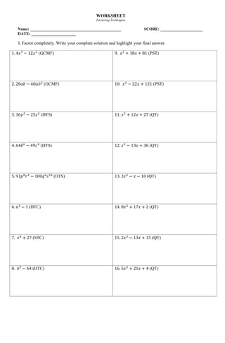 Worksheet on Factoring Techniques in Algebra | PDF