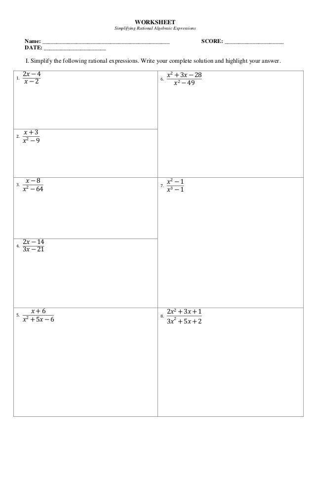 Worksheet On Simplifying Rational Algebraic Expressions Worksheet On Simplifying Rational Algebraic Expressions
