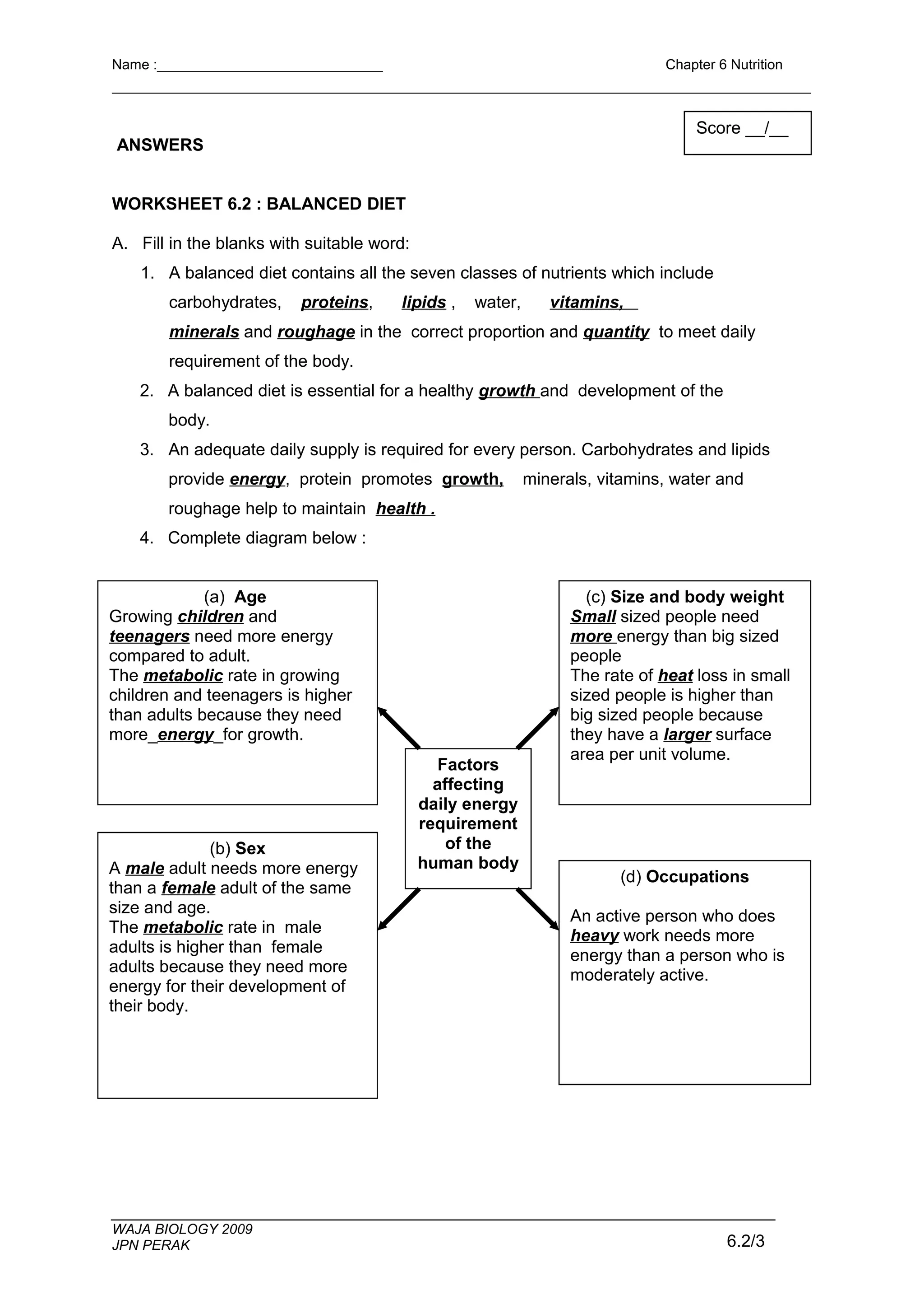 Worksheet 6.2 balanced diet | DOC