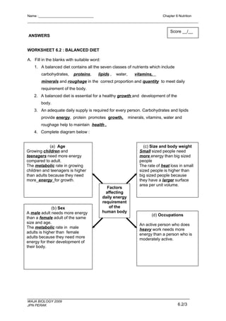 Worksheet 6.2 balanced diet | DOC