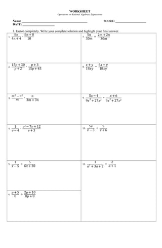 Worksheet on Operations on Rational Algebraic Expressions | PDF
