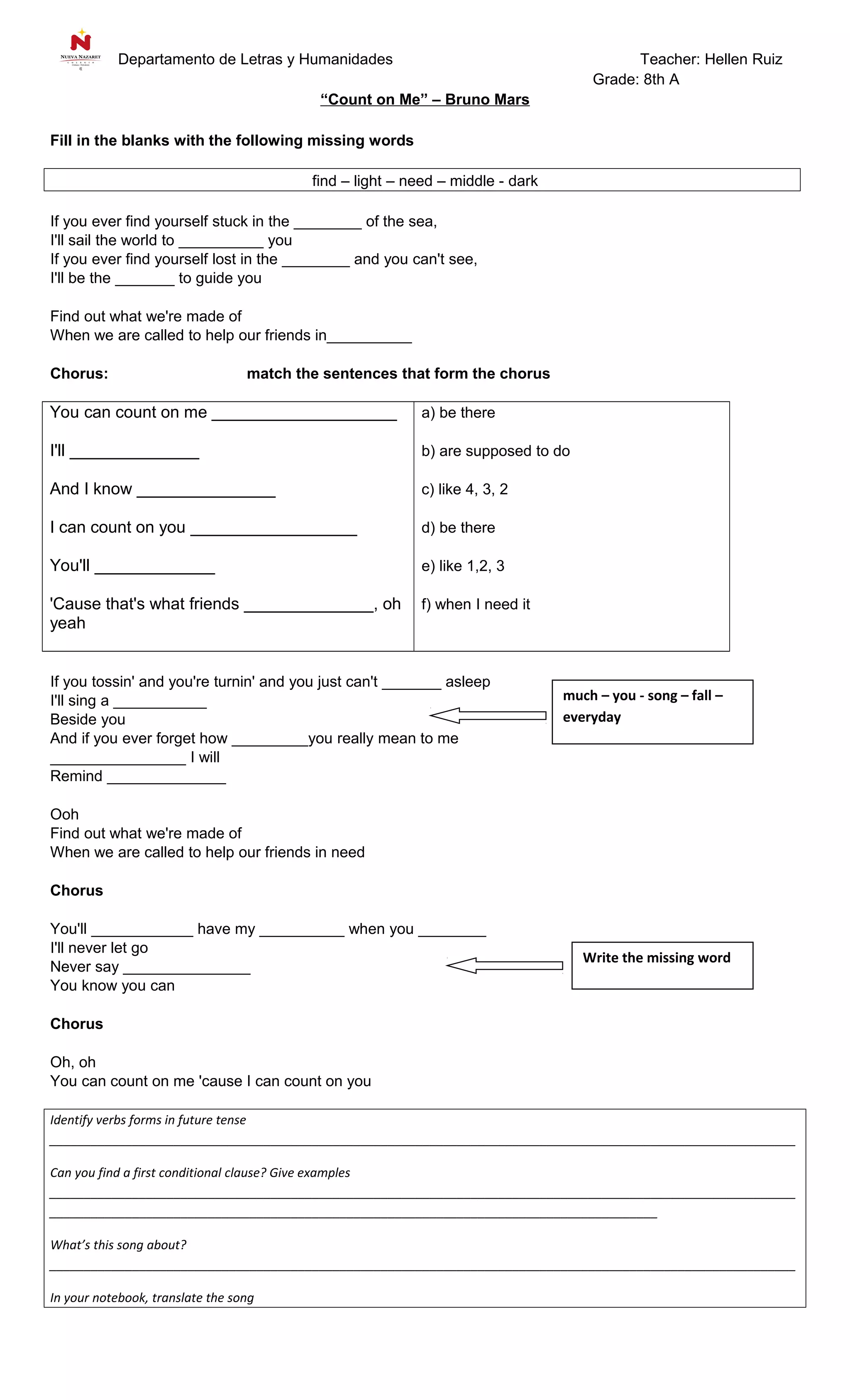 Worksheet 8 a count on me | DOC | Music | Entertainment