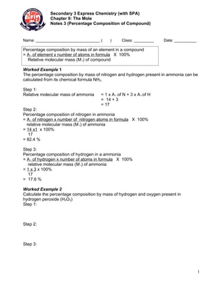 Worksheet 9.5 % Comp Of Compound | DOC