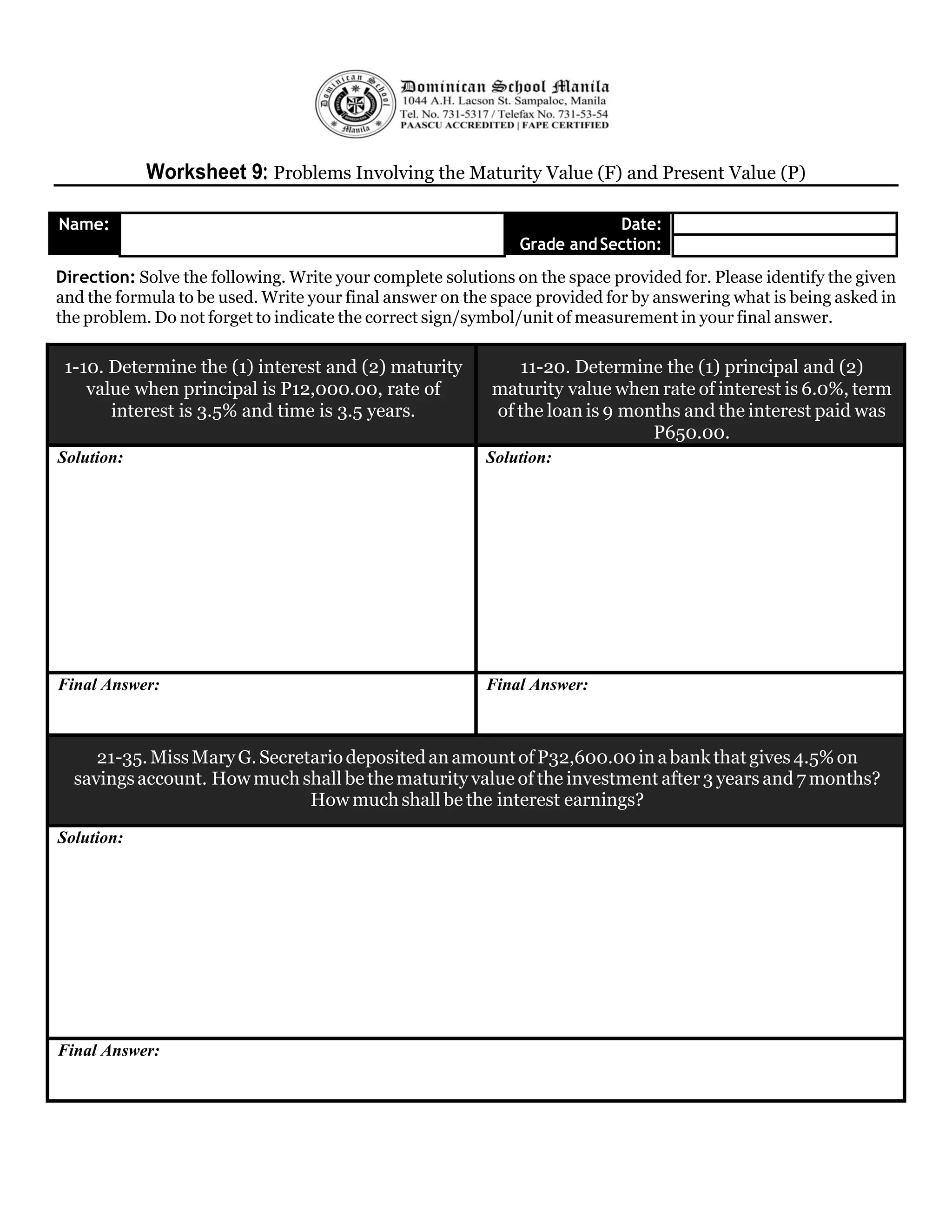 Worksheet 9 problems involving the maturity value (f) and present value ...