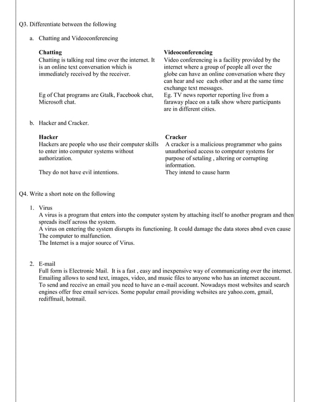 Computer Worksheet Class 8 with answers | DOCX | Internet | Computing