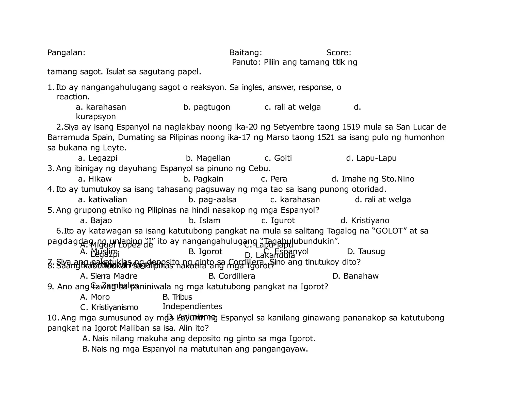 Worksheet AP Q3 Grade 5. about sa Panahon ng Kastilapptx | PPTX