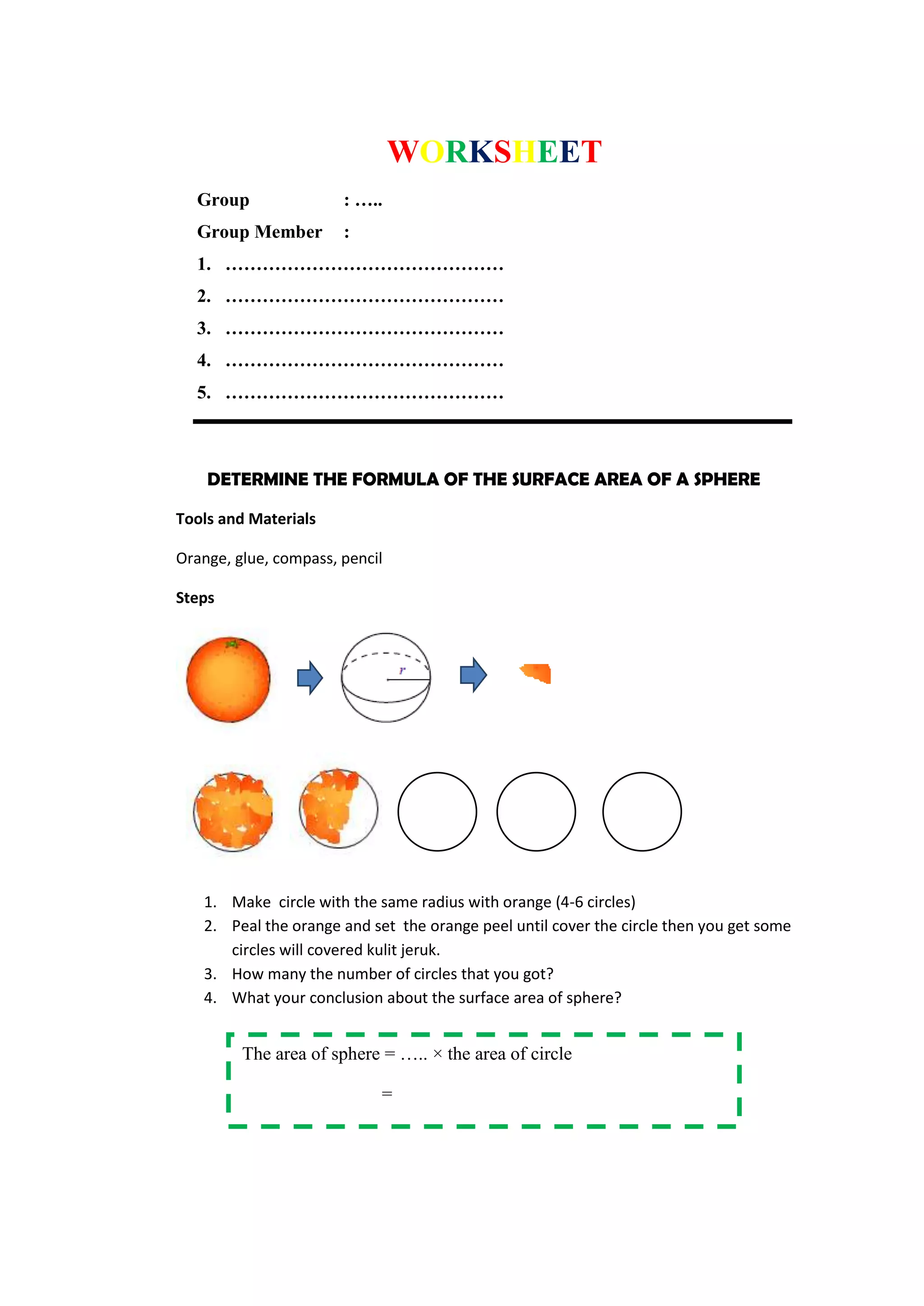Worksheet determine the surface area of a sphere | PDF