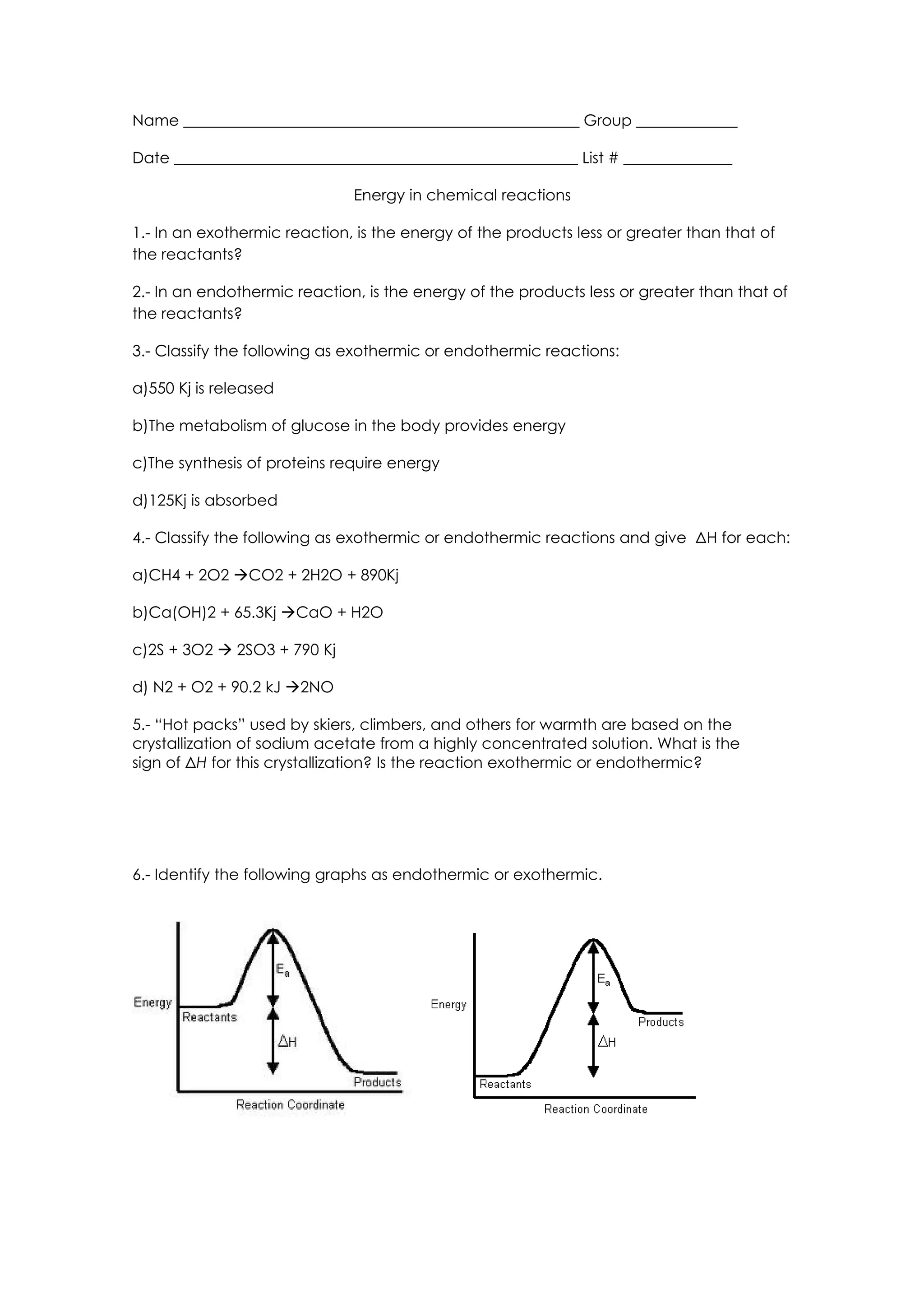 Worksheet energy and chemical reactions | DOC