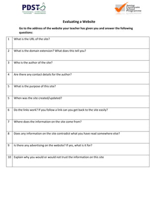 Worksheet evaluating a website | PDF