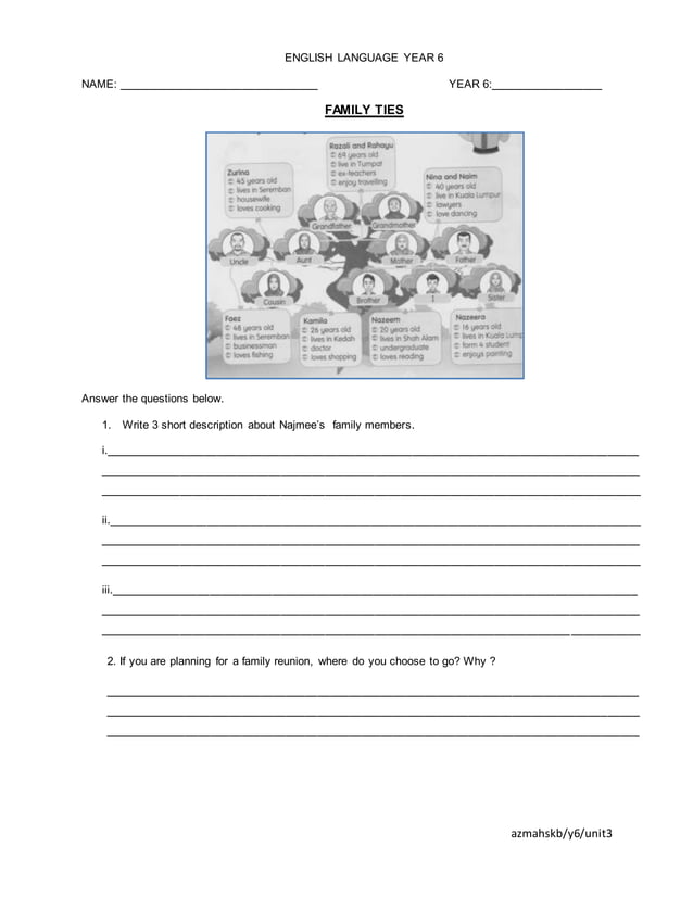 YEAR 6 UNIT 3 FAMILY TIES WORKSHEET | DOCX
