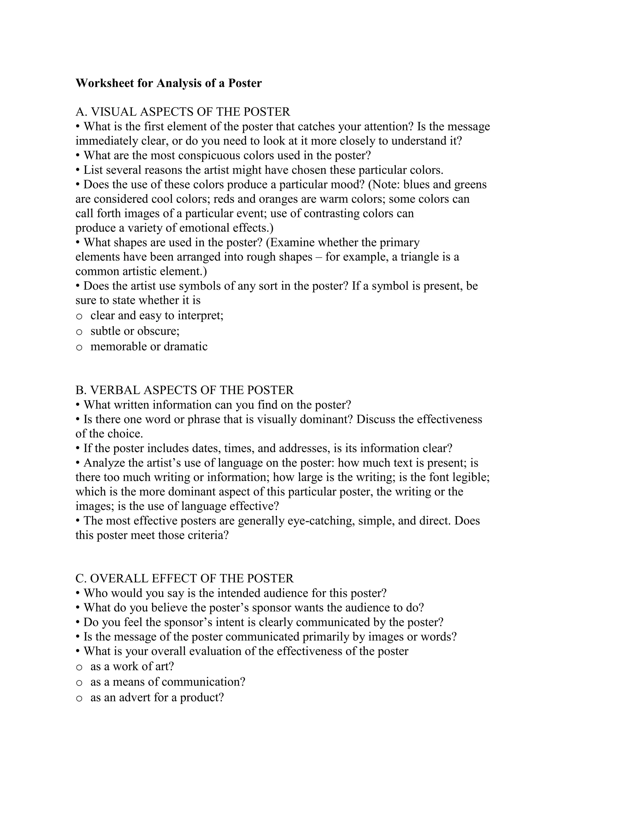 Worksheet for Analysis of a Poster | DOCX