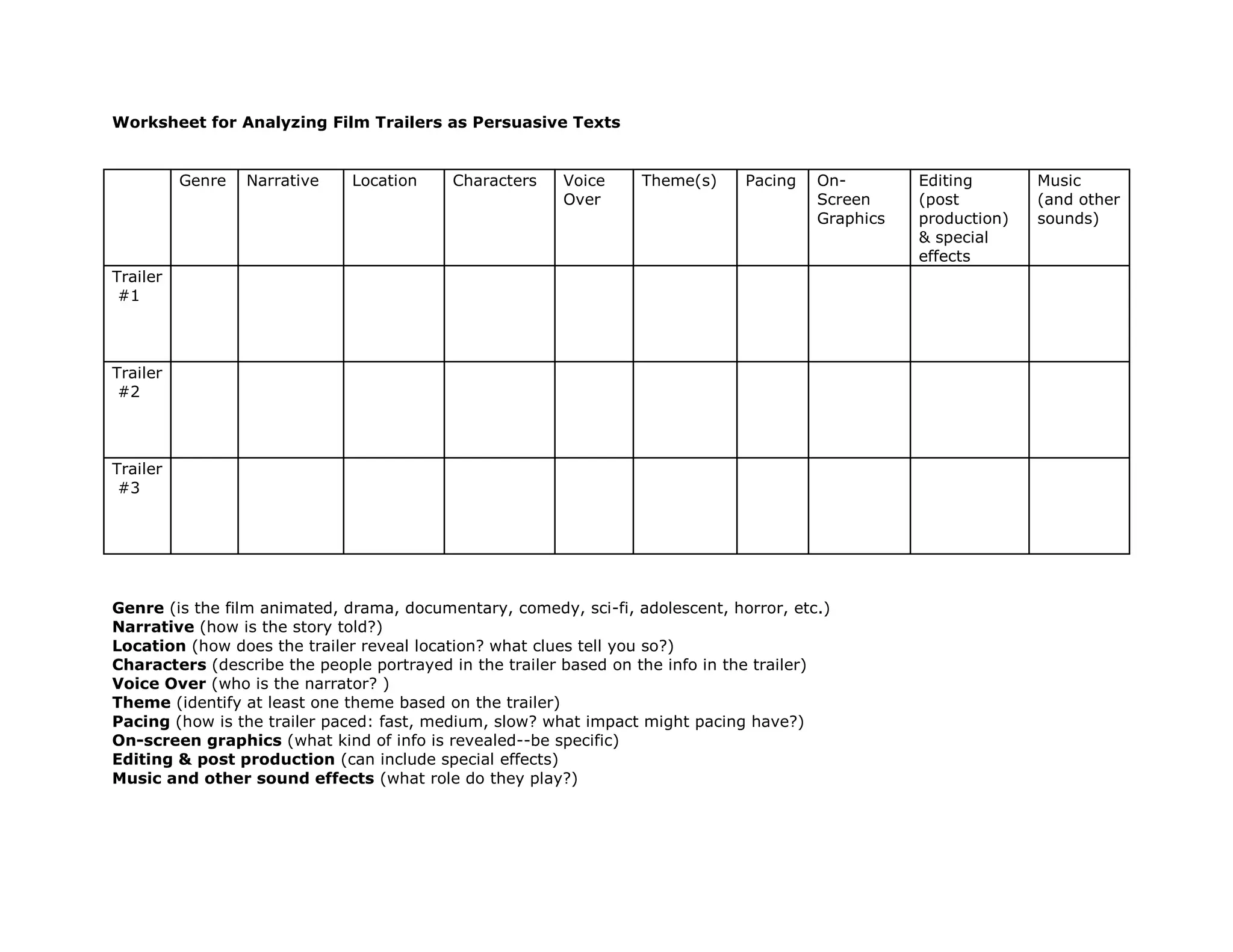Worksheet for analyzing film trailers as persuasive texts | DOCX