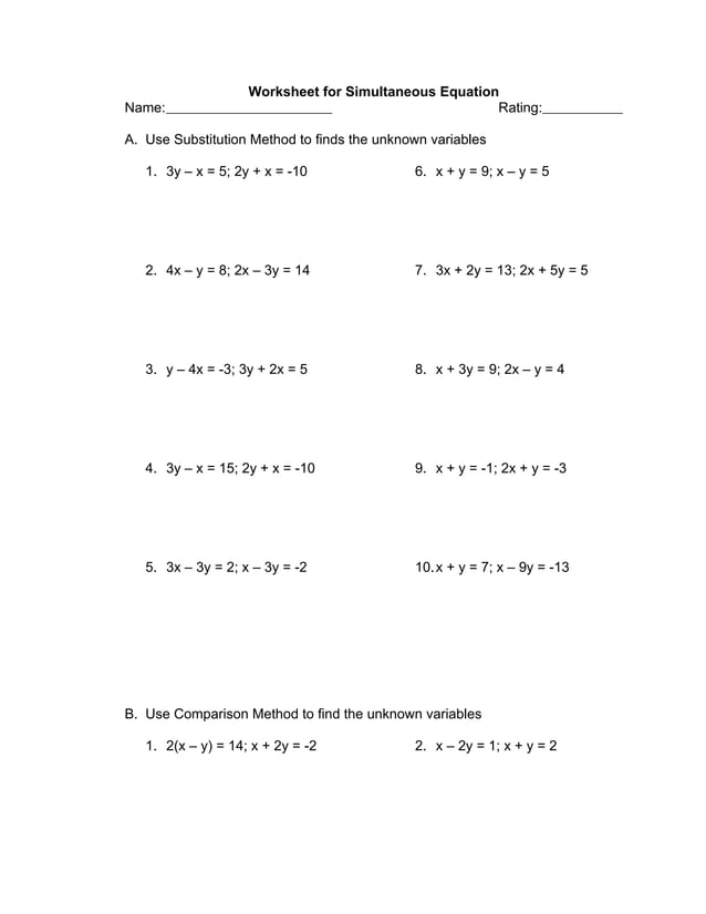Worksheet For Simultaneous Equation | DOC