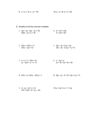 Worksheet For Simultaneous Equation | DOC