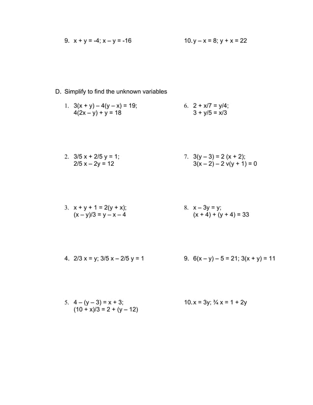 Worksheet For Simultaneous Equation | DOC