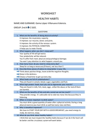 Worksheet healthy habits | DOCX