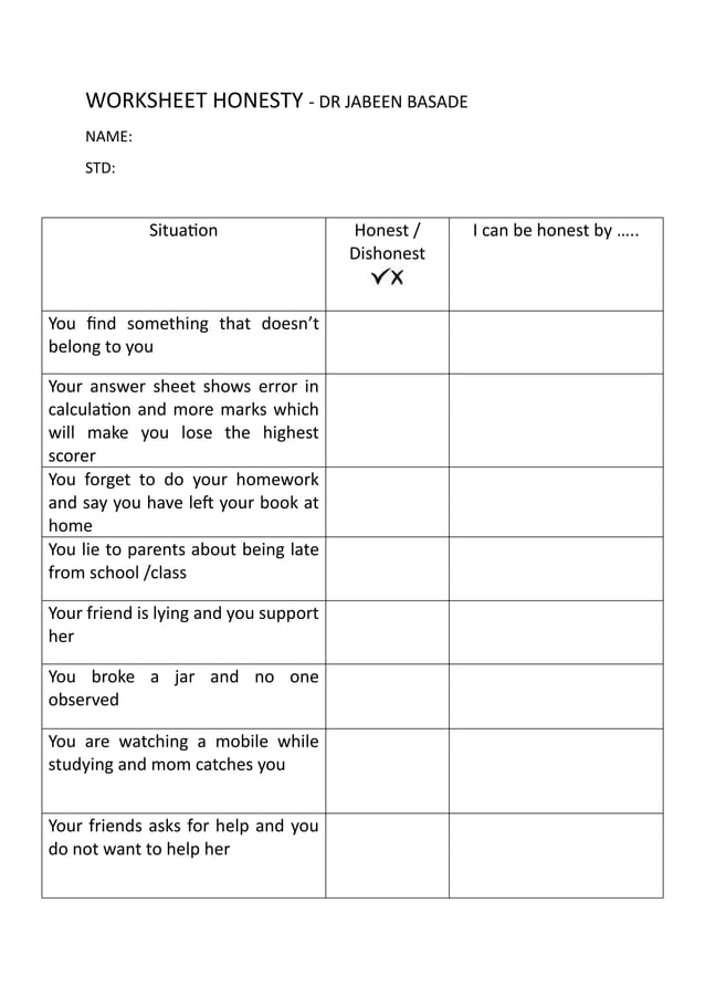 WORKSHEET ON HONESTY : Score yourselfyourself | DOCX