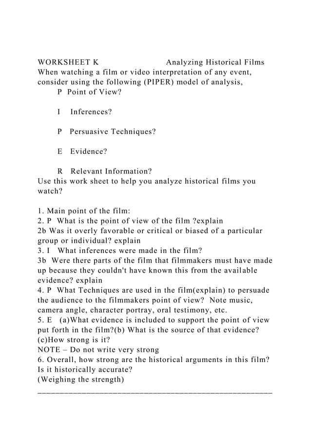 WORKSHEET K Analyzing Historical Films.docx | Screenwriting | Content ...