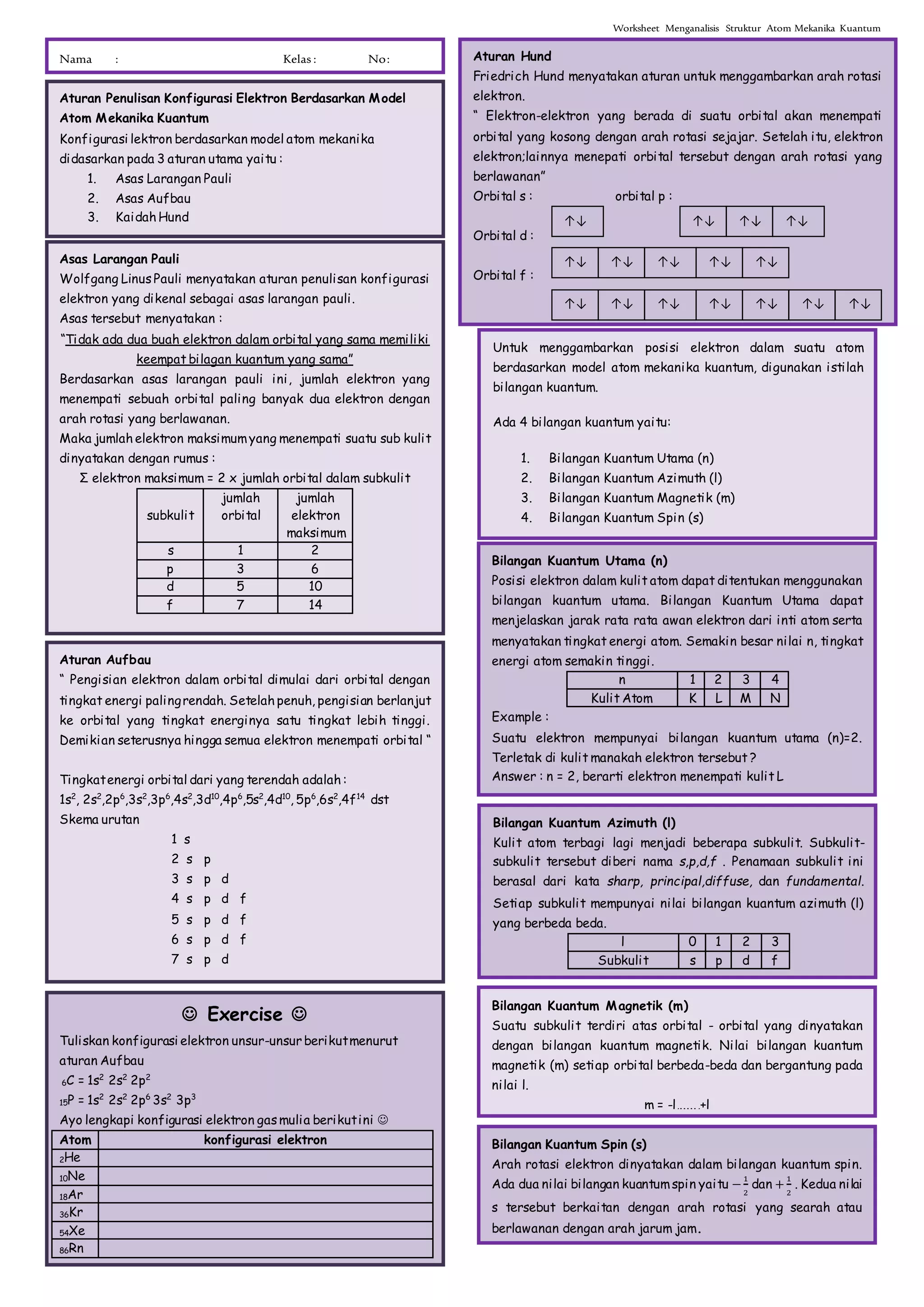 Worksheet konf elektron mekanika kuantum dan diagram obital | DOCX