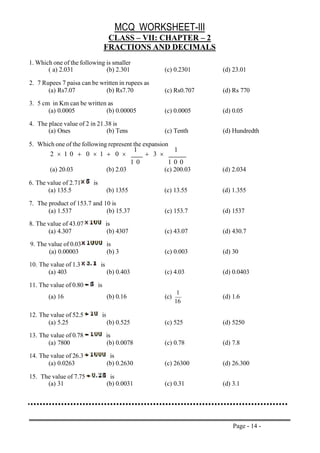 Worksheet on maths class 7th for solving n number of questions | PDF