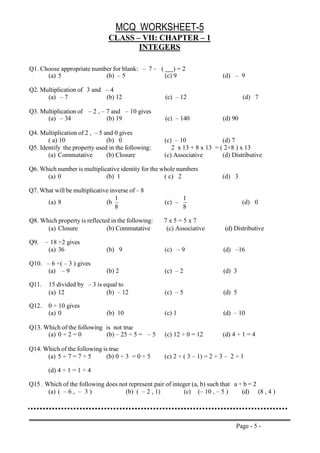 Worksheet on maths class 7th for solving n number of questions | PDF