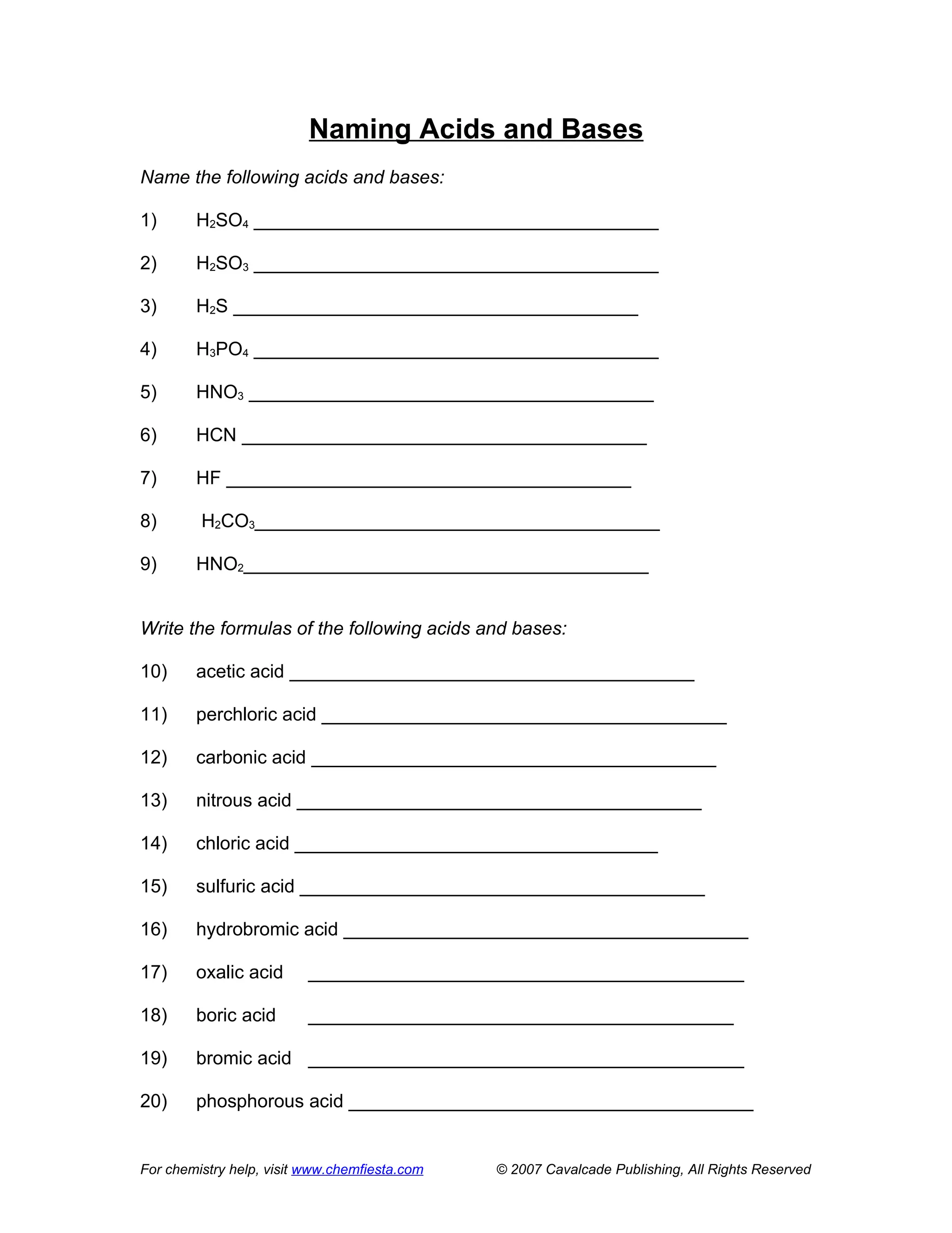 Worksheet naming acids and bases | DOC